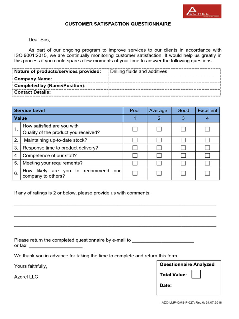 AZO-LMP-QMS-F-027 Customer Satisfaction Questionnaire | PDF