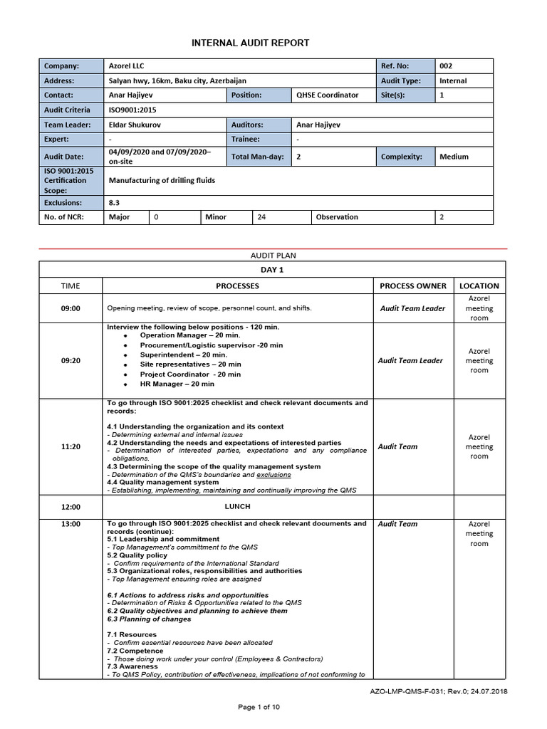 AZO-LMP-QMS-F-031 Internal Audit Report 2020 - First Draft | PDF ...