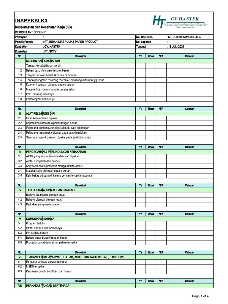 Form Inspeksi K3 | PDF