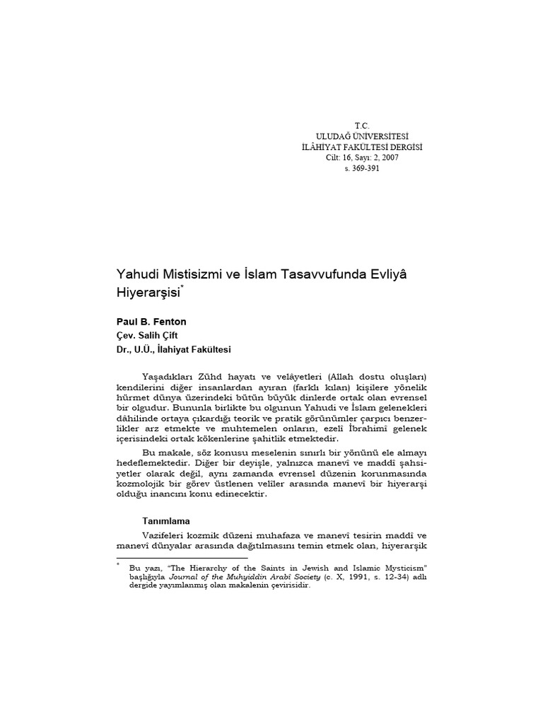 Yahudi Mistisizmi Ve Tasavvufta Evliy - Hiyerar - Isi (#162932) - 143782 | PDF
