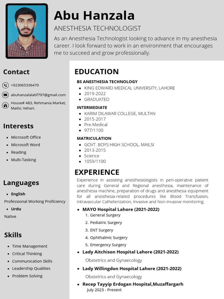 Anesthesia Technologist Resume Overview | PDF | Anesthesia | Surgery