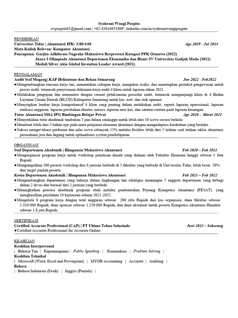 Profil CV Syahrani Wangi Puspita | PDF