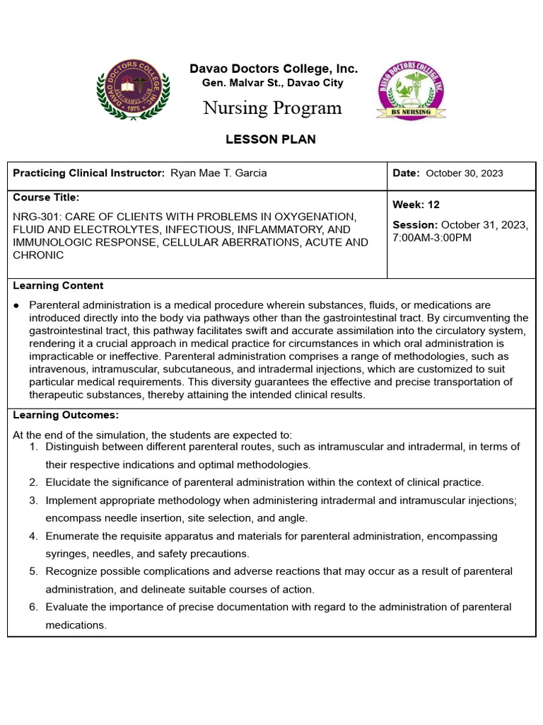 Garcia PCI Week 12 Lesson Plan | PDF | Injection (Medicine) | Clinical ...