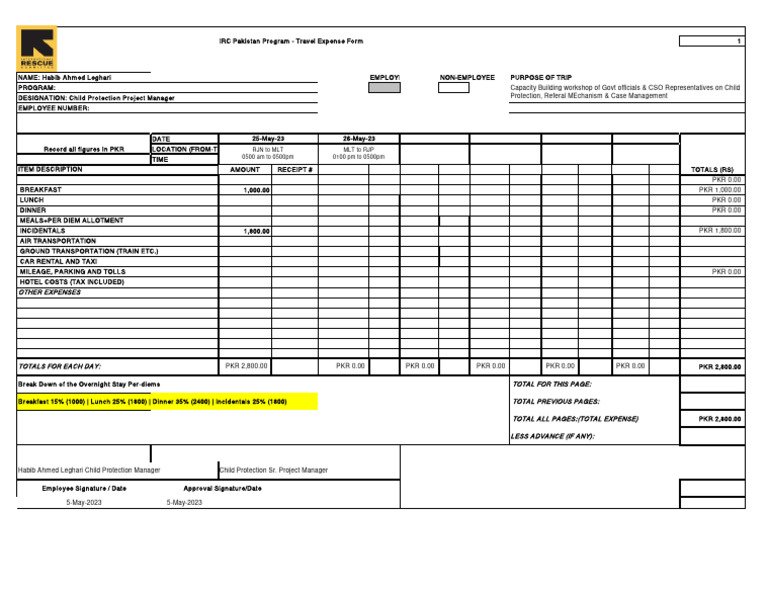 Perdiem Claim Form of - Habib Ahmed Leghari-25-26 May RJP-MLT-RJP | PDF
