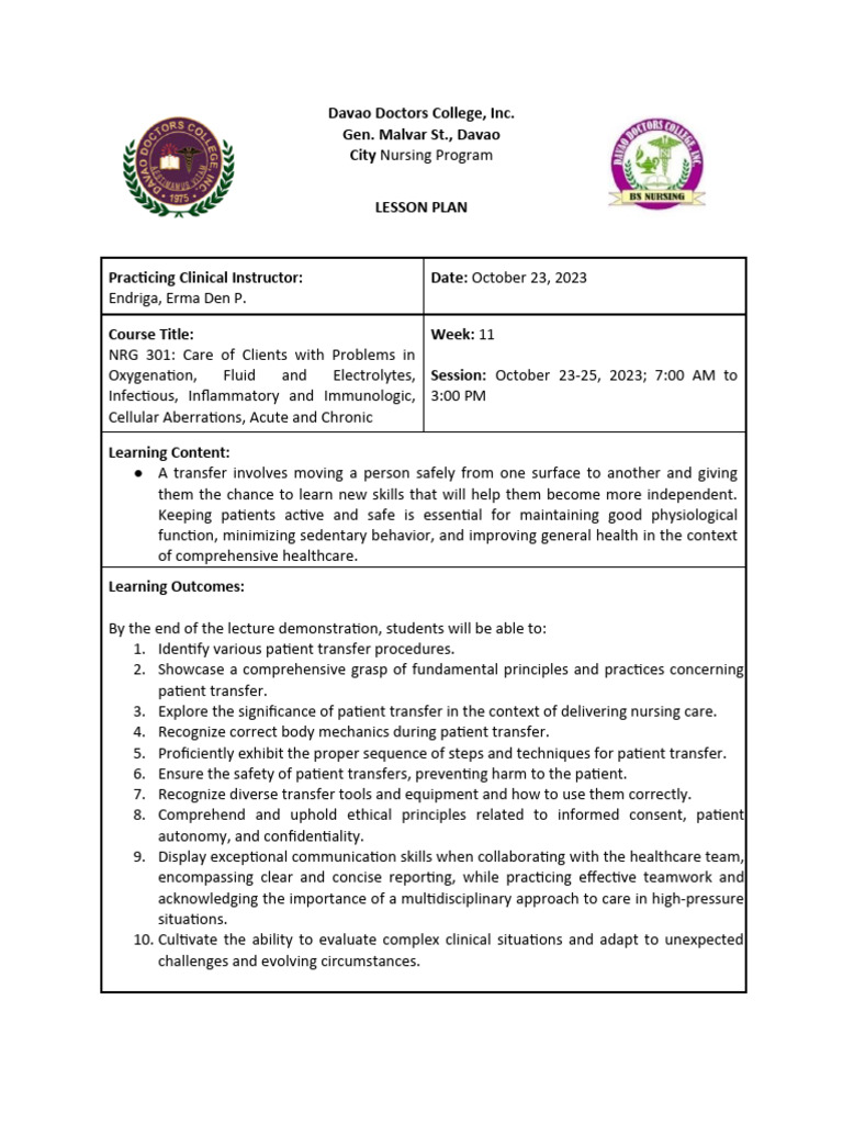 Endriga Lesson Planplan of Acts | PDF | Nursing | Patient