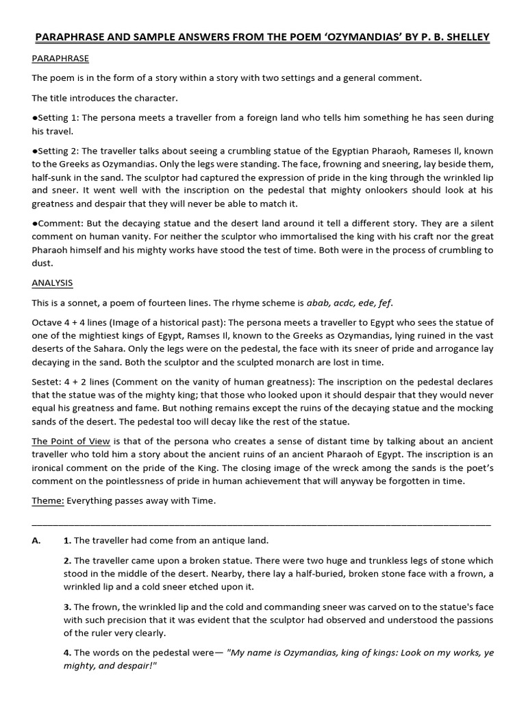 Paraphrase and Sample Answers From The Poem Ozymandias' by P. B ...