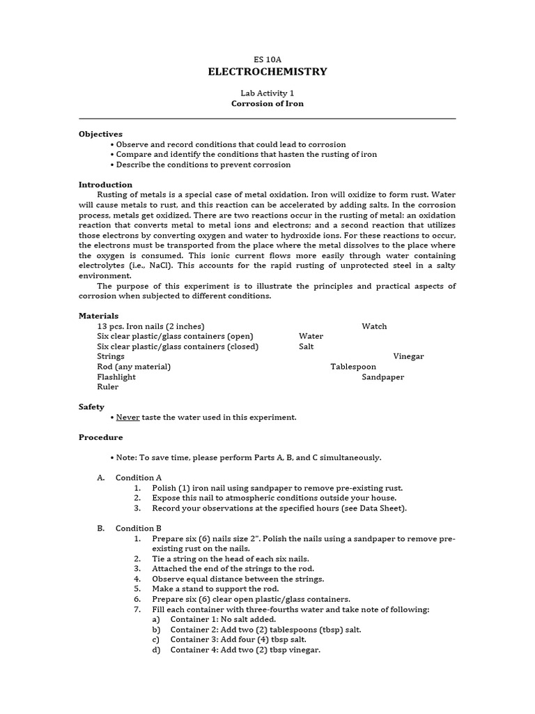 Electrochemistry Laboratory Activity | PDF | Corrosion | Metals