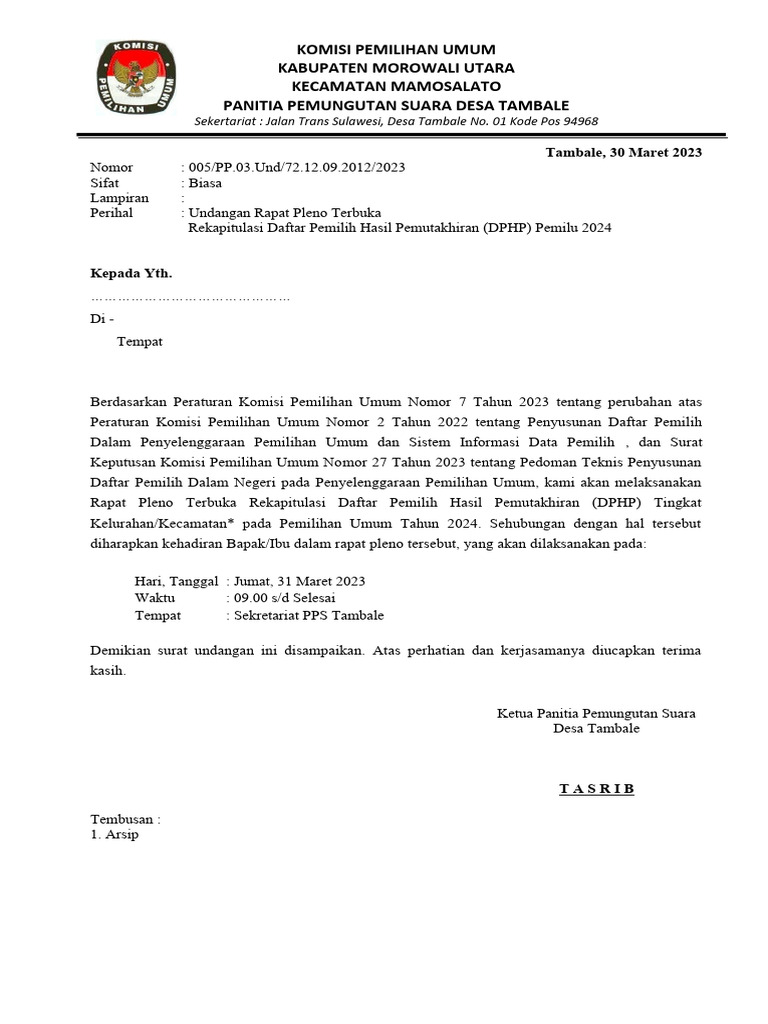 Undangan Rapat Pleno DPHP dan DPSHP 2024 | PDF