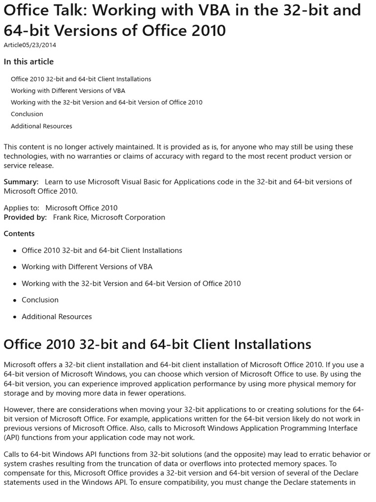 Office Talk - Working With VBA in The 32-Bit and 64-Bit Versions of Office 2010 - Microsoft ...