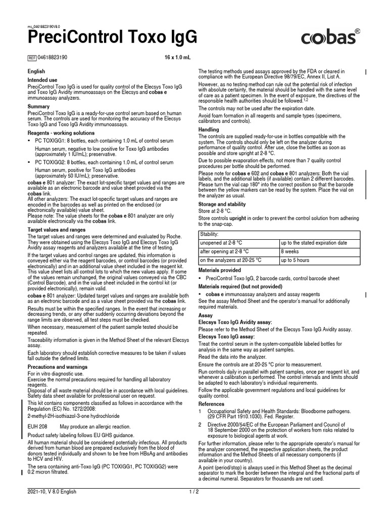 PreciControl Toxo IgG Quality Control | PDF | Assay | Immunoassay