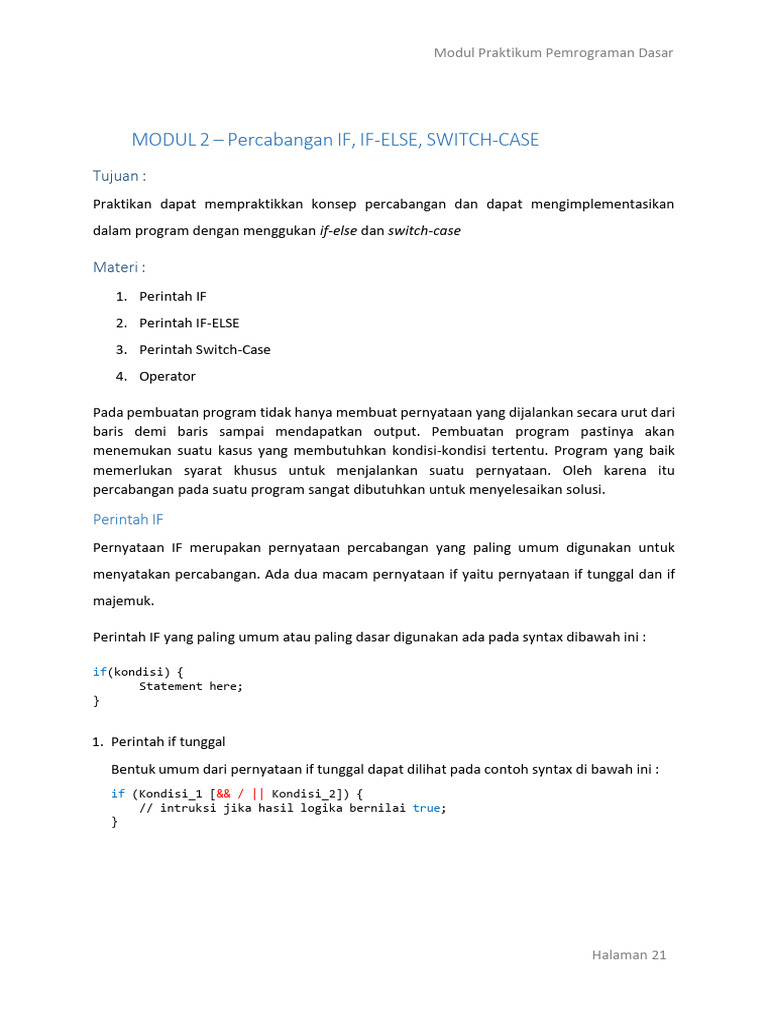Praktikum Algoritma Pemrograman - MODUL II IF, IF ELSE, SWITHCASE-1 | PDF | Metode & Bahan Ajar ...