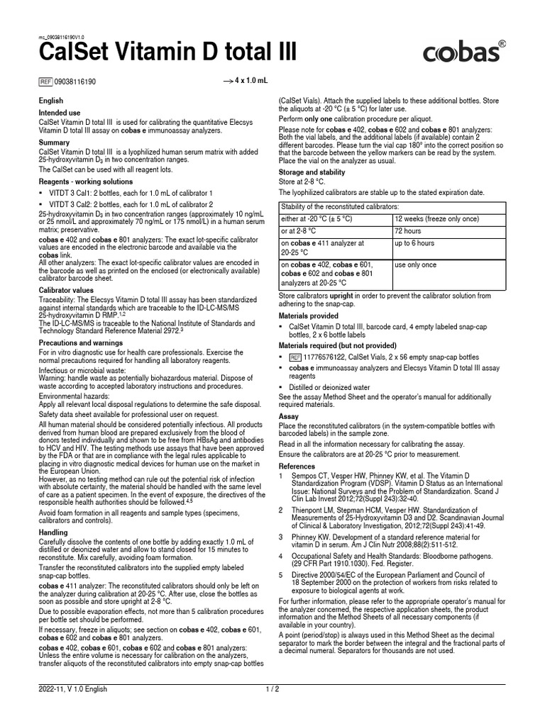 CalSet Vitamin D Total III Calibration Guide | PDF | Laboratories | Assay