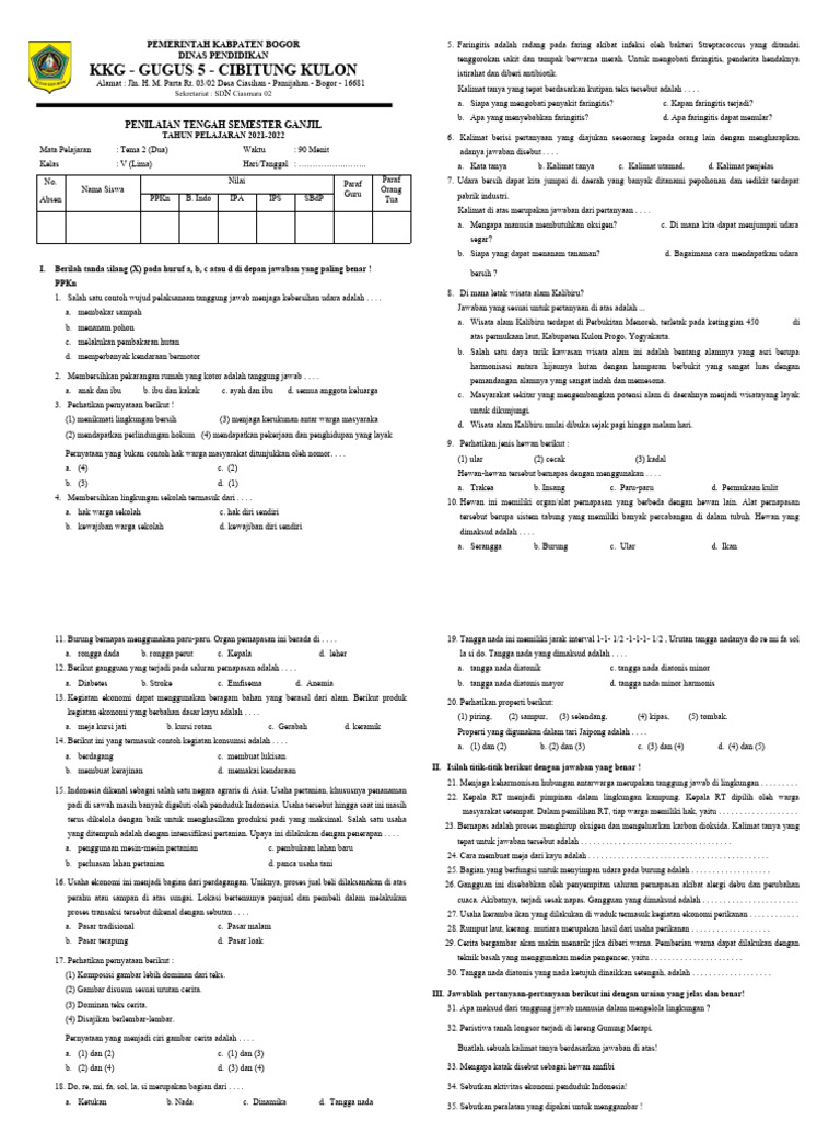 Soal PTS - Kelas 5 - SMT 1 - Tema 2 - Fix | PDF