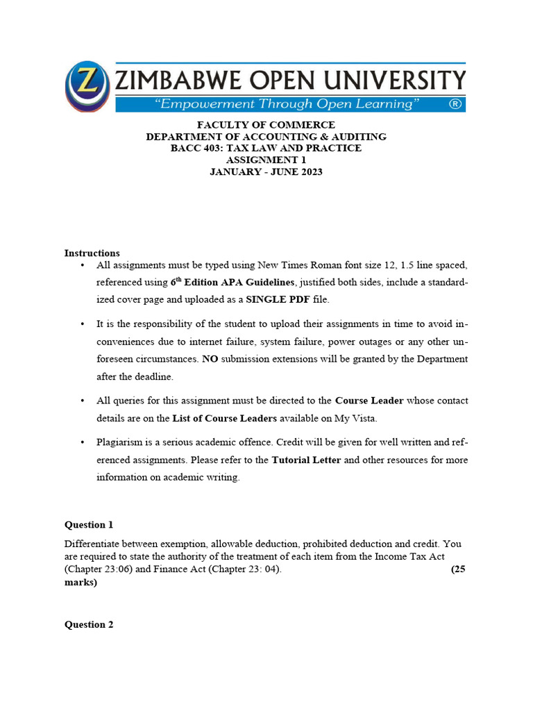 Bacc 233 Assignment 1 Jan June 2023 Pdf Taxes Economies