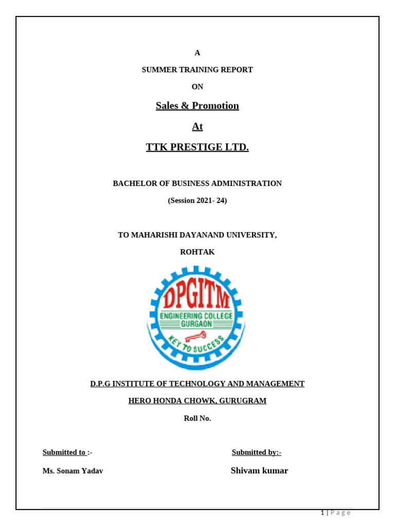 SHIVAM Bba 5th Sem Summer Training Report | PDF | Sales | Kitchen Stove