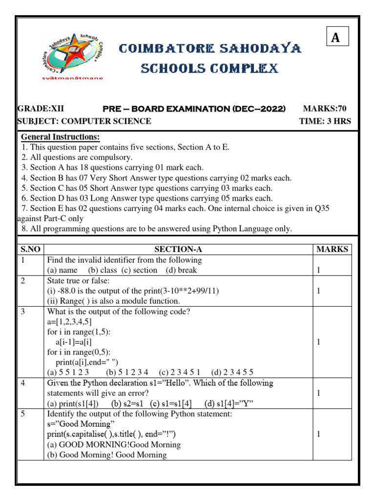 XII-CS SET A-QP-CbeSSC-DEC 22 | PDF | Computer Programming | Software Engineering