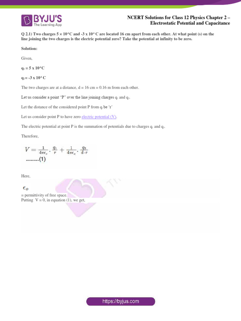 NCERT Solutions For Class 12 Physics Chapter 2 Electrostatic Potential and Capacitance | PDF ...
