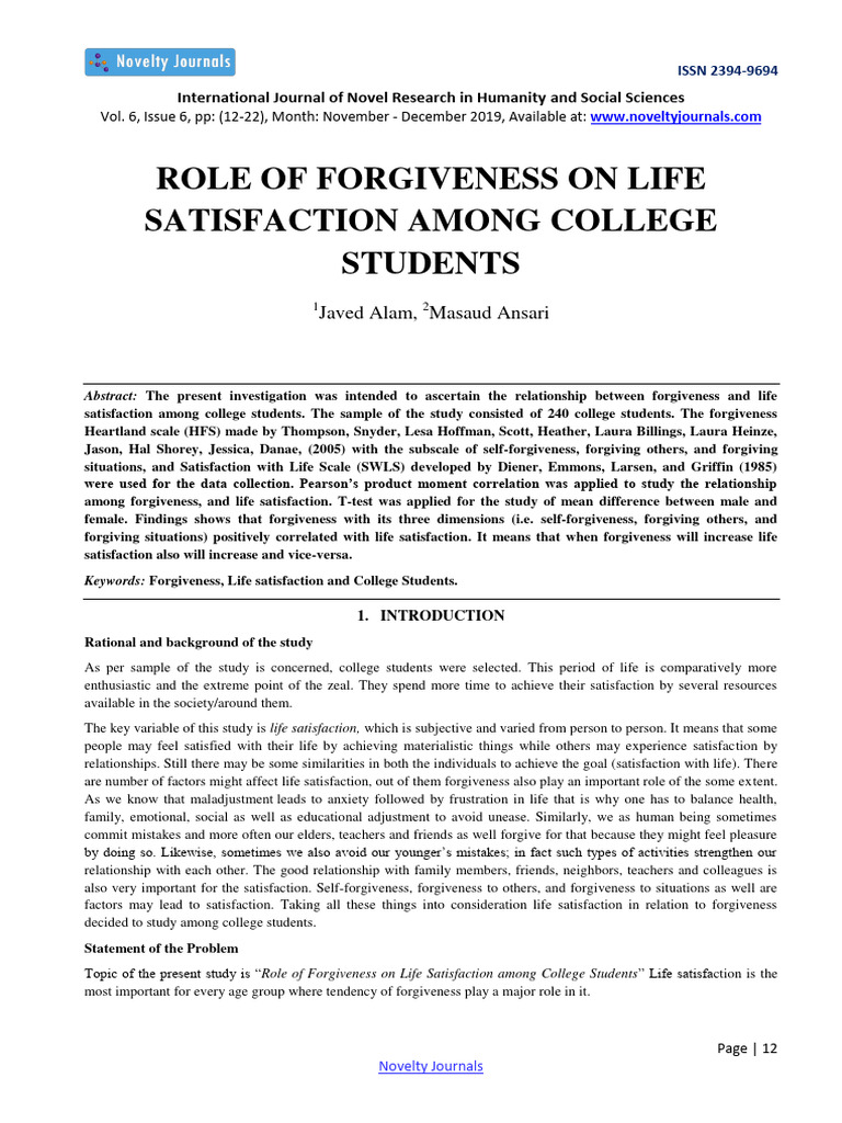 Role of Forgiveness On Life Satisfaction-2104 | PDF | Forgiveness ...