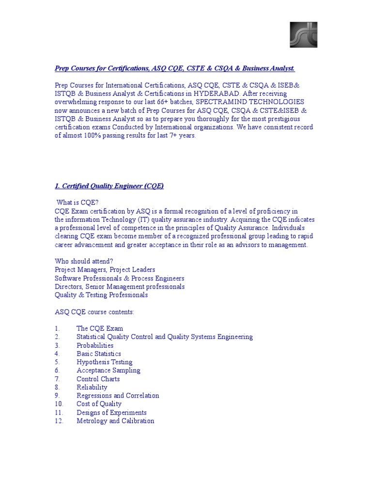 Prep Courses For Certifications Asq Cqe Cste And Csqa And Business Analyst Pdf International 