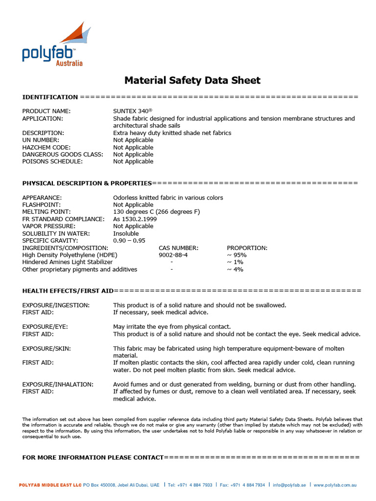 MSDS - Suntex 340 | PDF | Water | Textiles