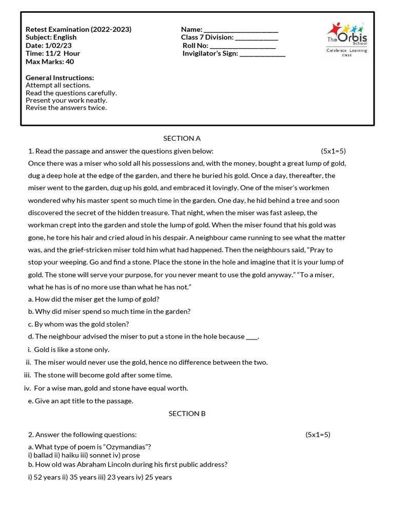 Class 7 Retest Examination Question Paper - English - 2022-23 | PDF