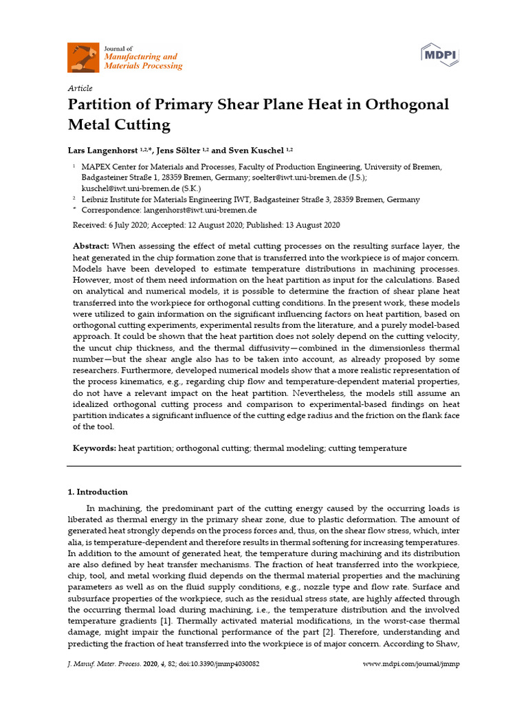 Partition of Primary Shear Plane Heat in Orthogona | PDF | Heat | Heat Transfer