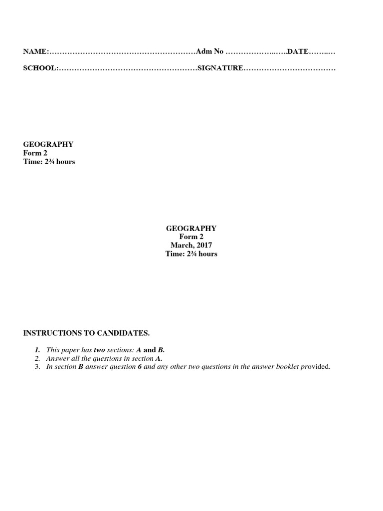 Form 2 Geography Exam Paper 2017 | PDF | Geology | Tectonics