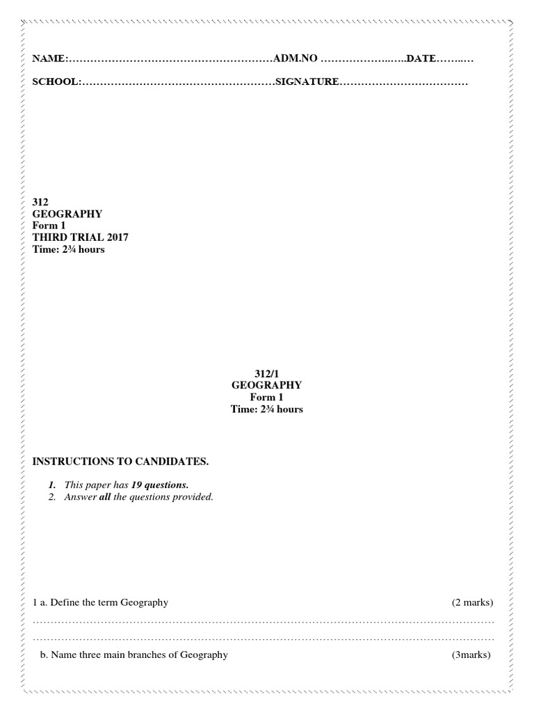 F 1 Geography Paper Form 1 Mid Term 2 Exam 2017 | PDF | Physical ...