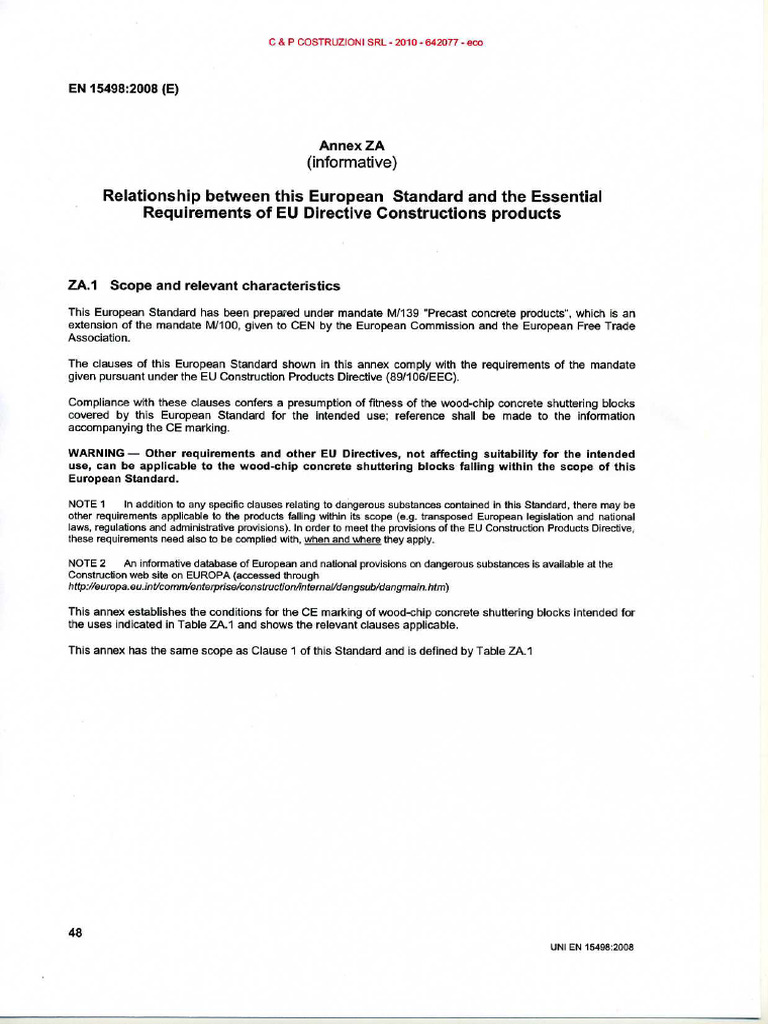 Regulatory Extract EN15498 Table ZA1 CE Marking Blocks Formwork in Wood ...