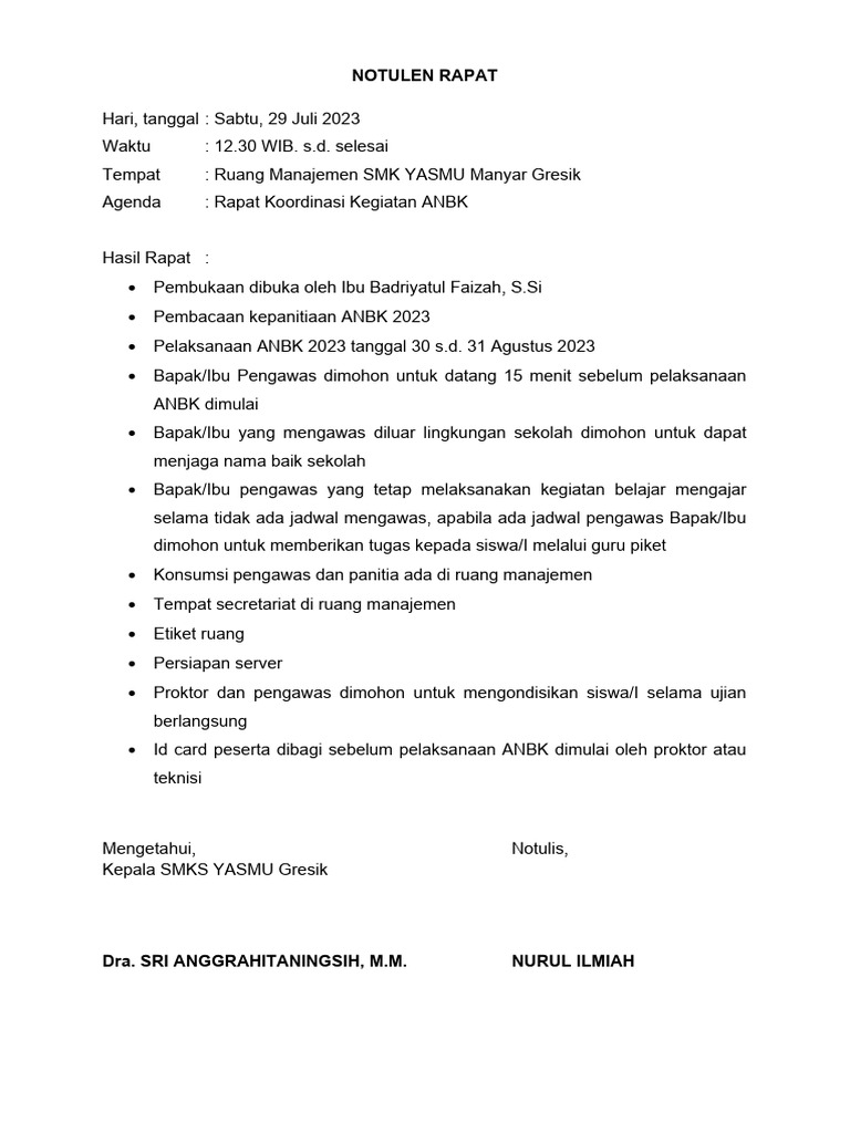 Notulen Rapat Koordinasi ANBK 2023 | PDF