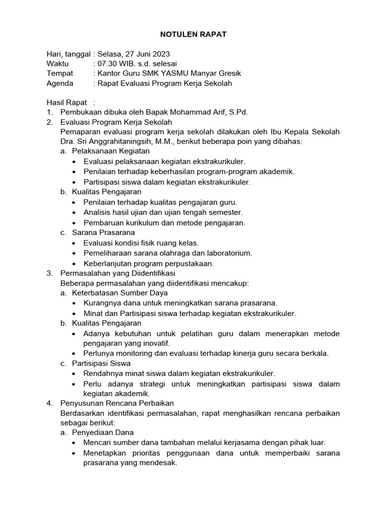 Notulen Rapat Evaluasi Program Sekolah | PDF