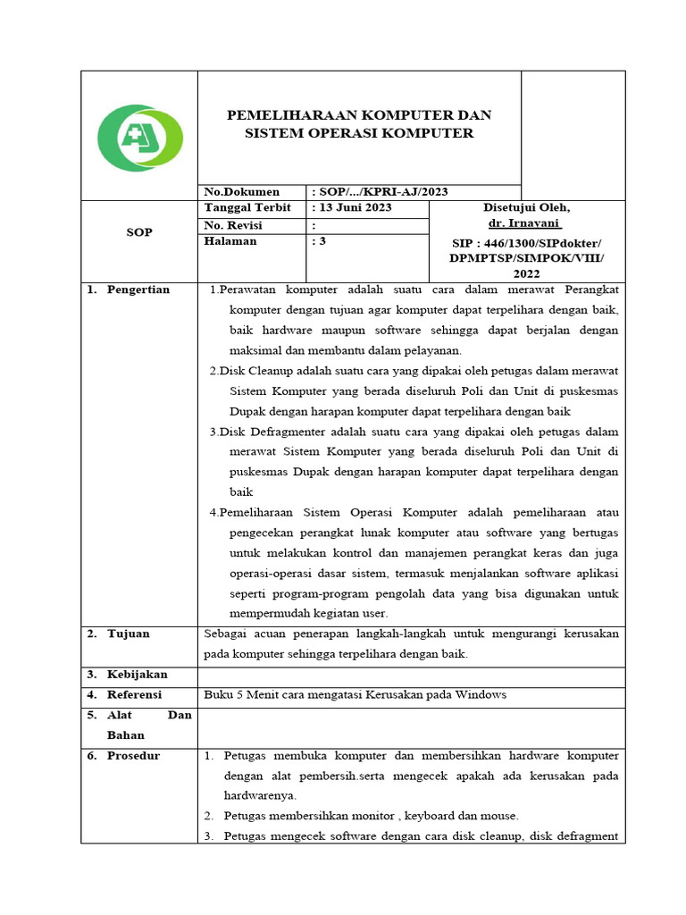 Sop Pemeliharaan Komputer | PDF