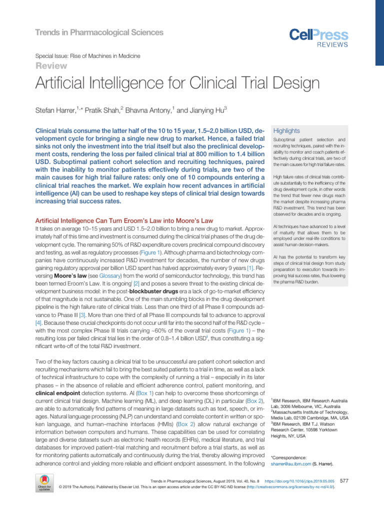 Artificial Intelligence For Clinical Trial - 2019 - Trends in Pharmacological SC | PDF | Phases ...
