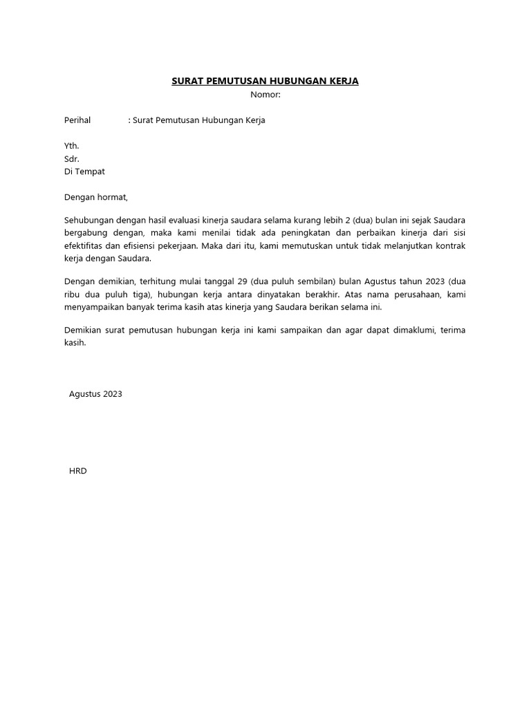 Surat Pemutusan Hubungan Kerja | PDF