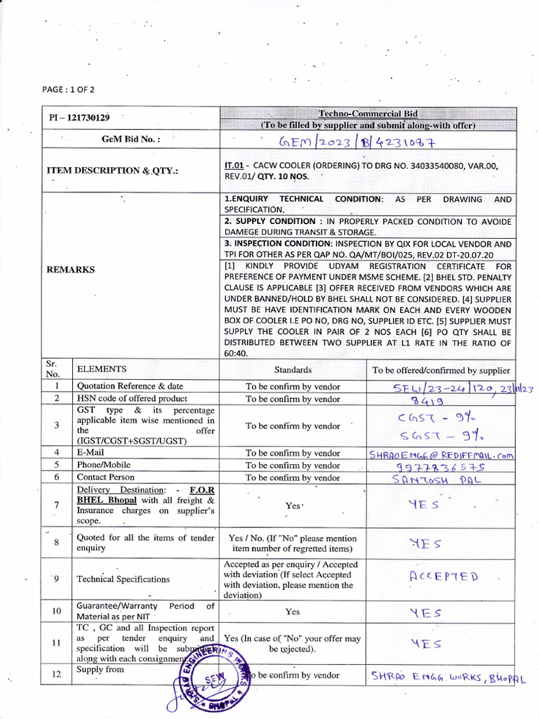 Techno-Commercial Bid Submission Guide | PDF