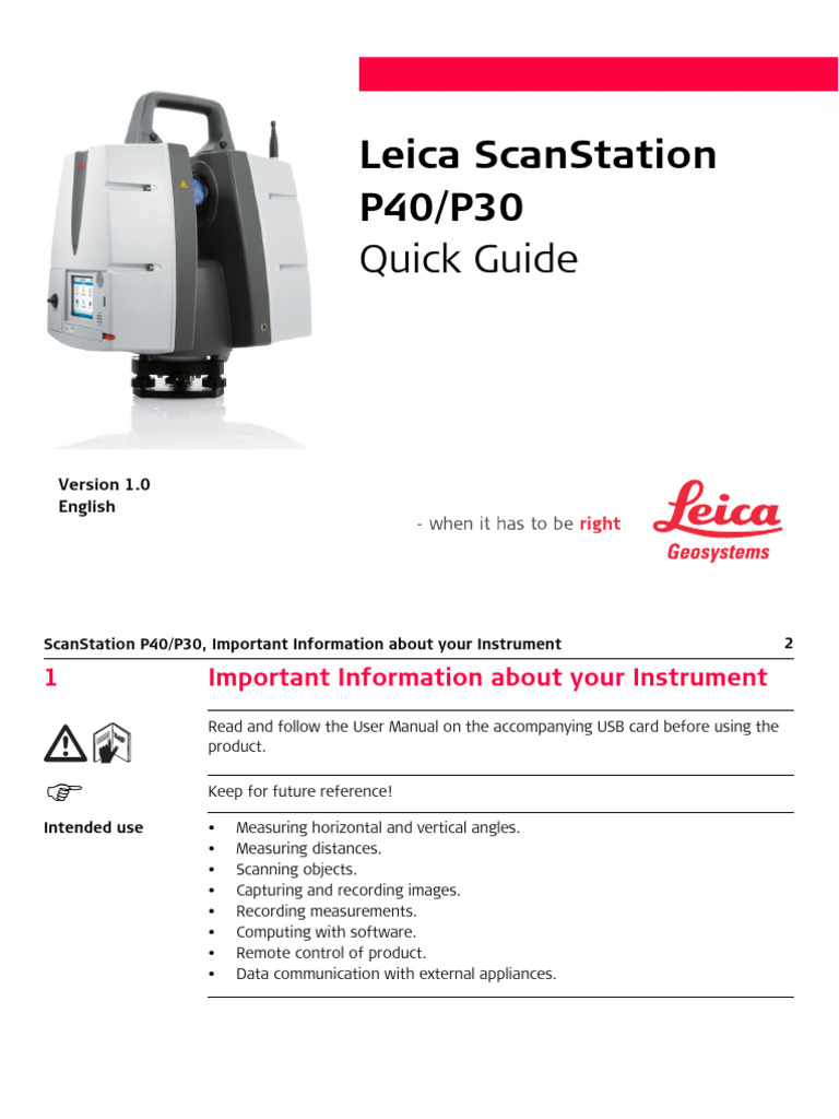 Leica ScanStation P40-P30 Laser Scanner Quick Start Guide | PDF ...
