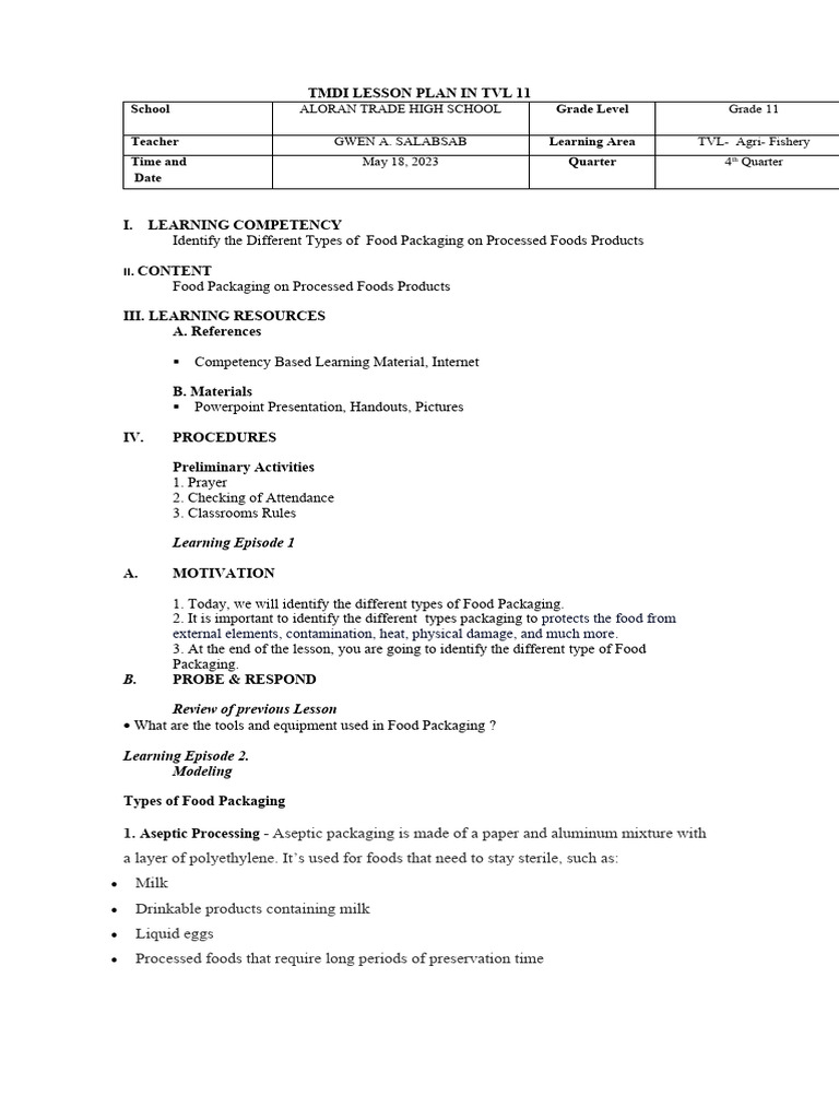 Tmdi Lesson Plan in TVL 11 Aloran | PDF | Packaging And Labeling | Food ...
