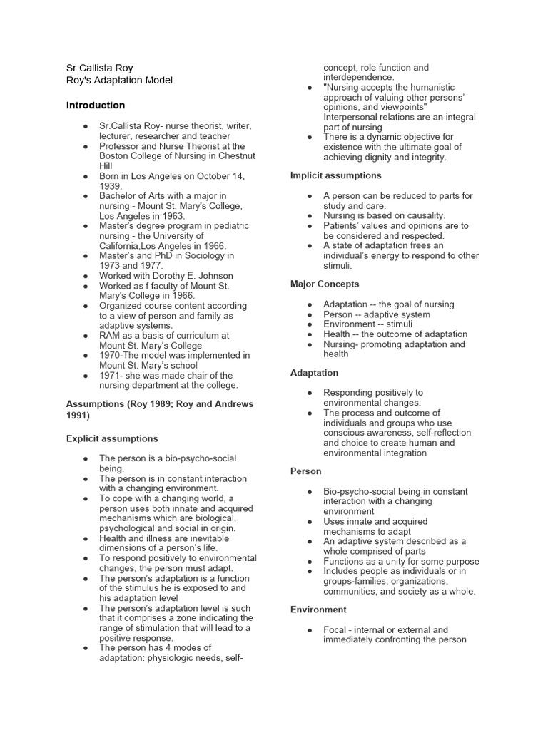 SR - Callista Roy Roy's Adaptation Model | PDF | Nursing | Awareness