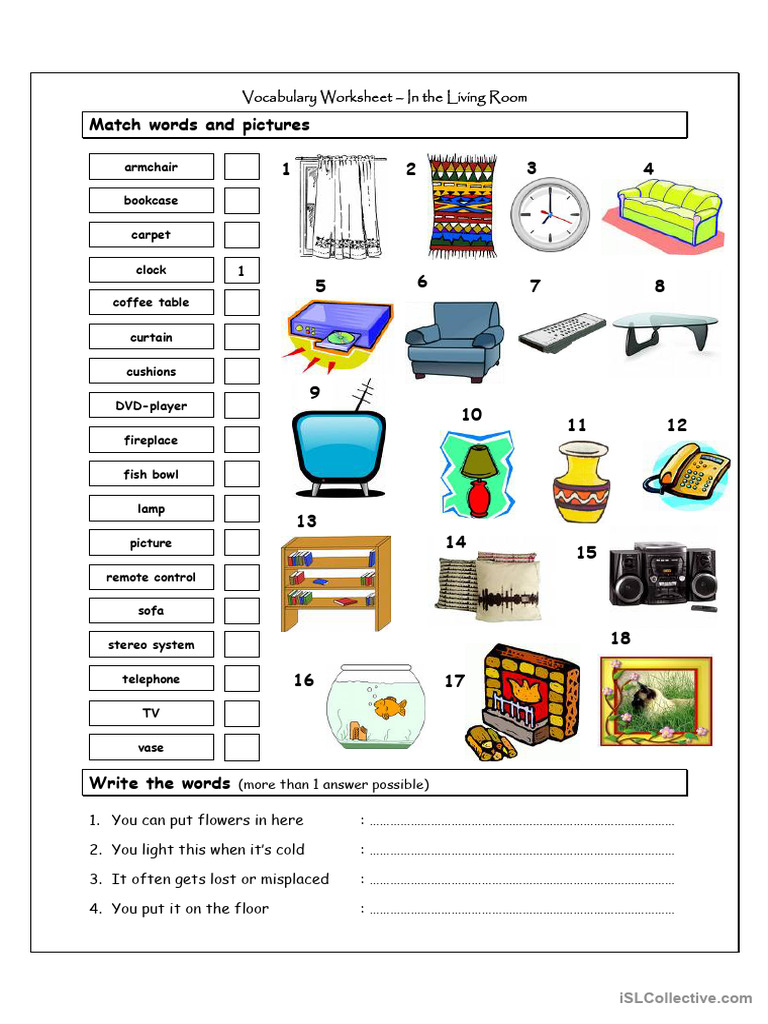 Vocabulary Matching Worksheet - in The Living Room | PDF