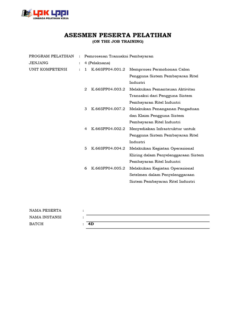 (Jenjang 4) Form Assessmen PTP (Form) | PDF