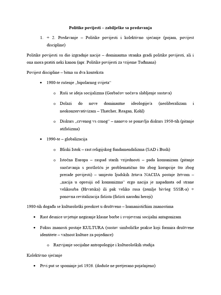 Politike Povijesti - Bilješke Sa Prvih 6. Predavanja | PDF