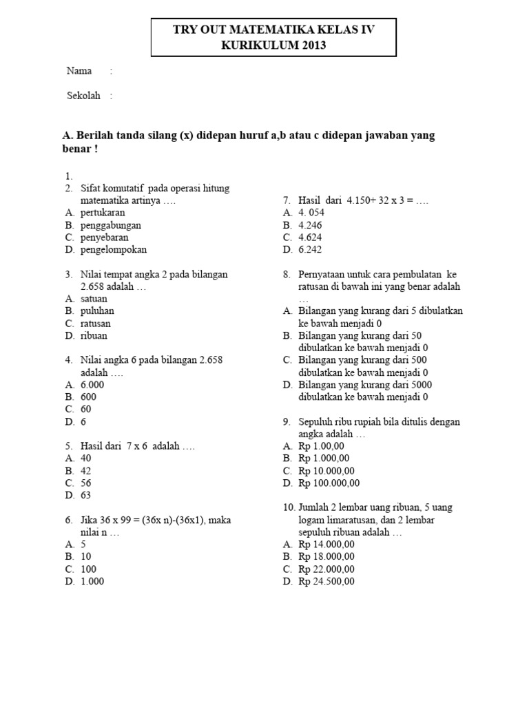 Soal Try Out Matematika Kelas IV | PDF | Metode & Bahan Ajar