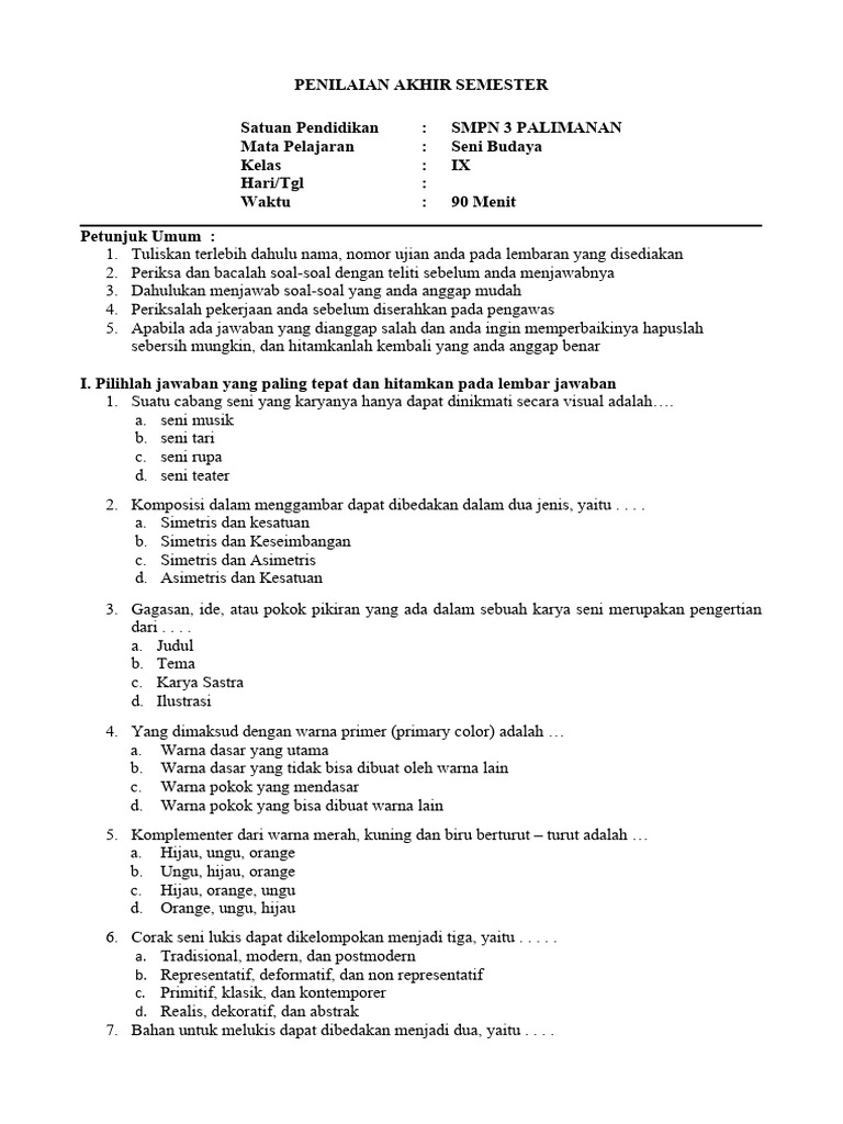 Penilaian Akhir Seni Budaya Kelas IX | PDF | Seni