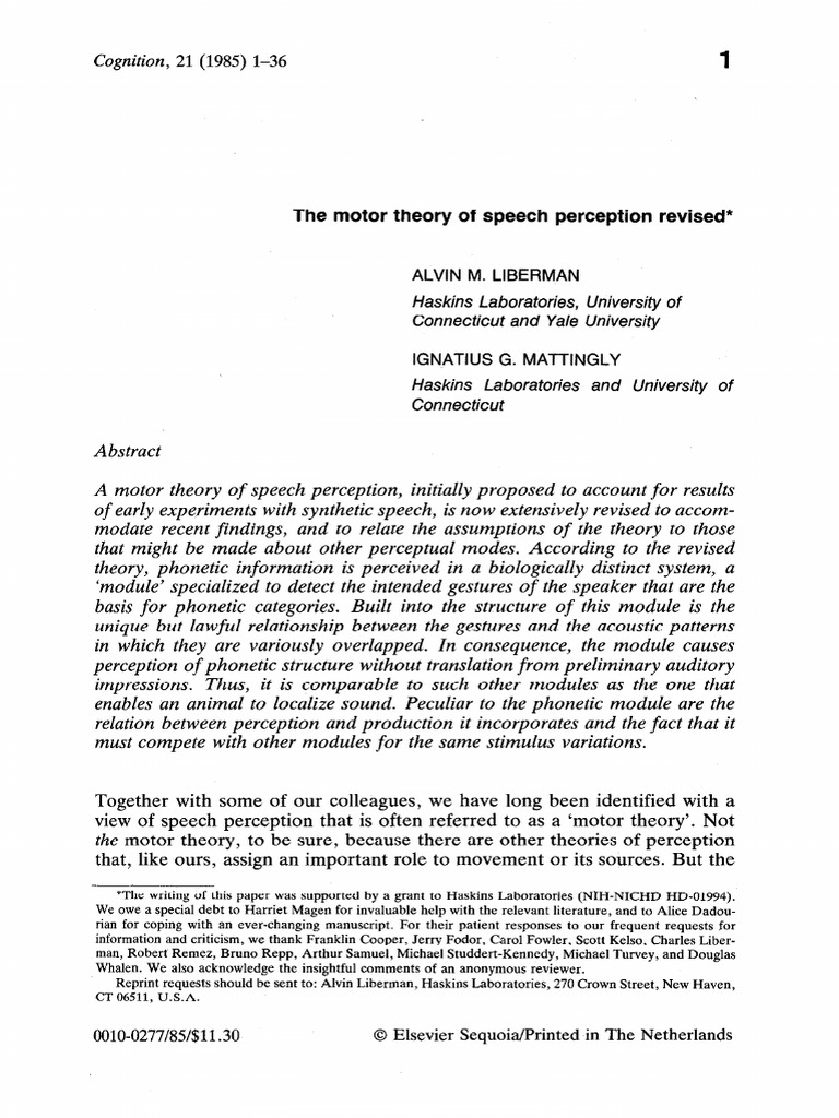 Liberman (1985) The Motor Theory of Speech Perception Revised | PDF ...