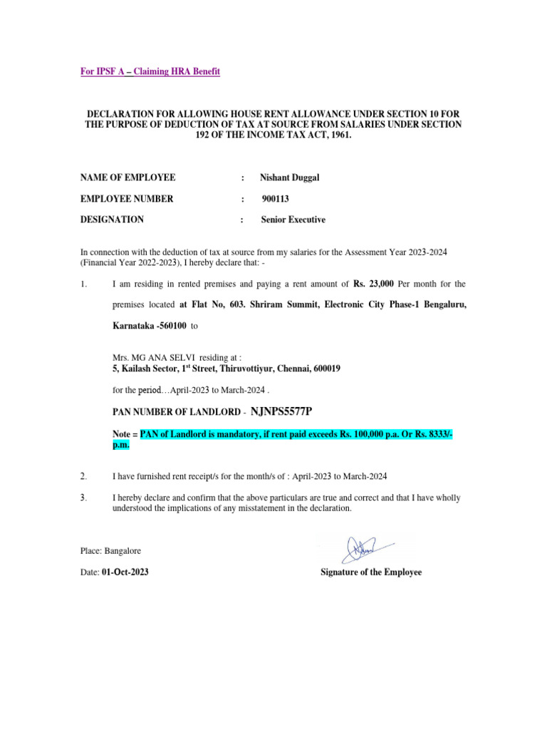 HRA Certificate Declaration Format | PDF