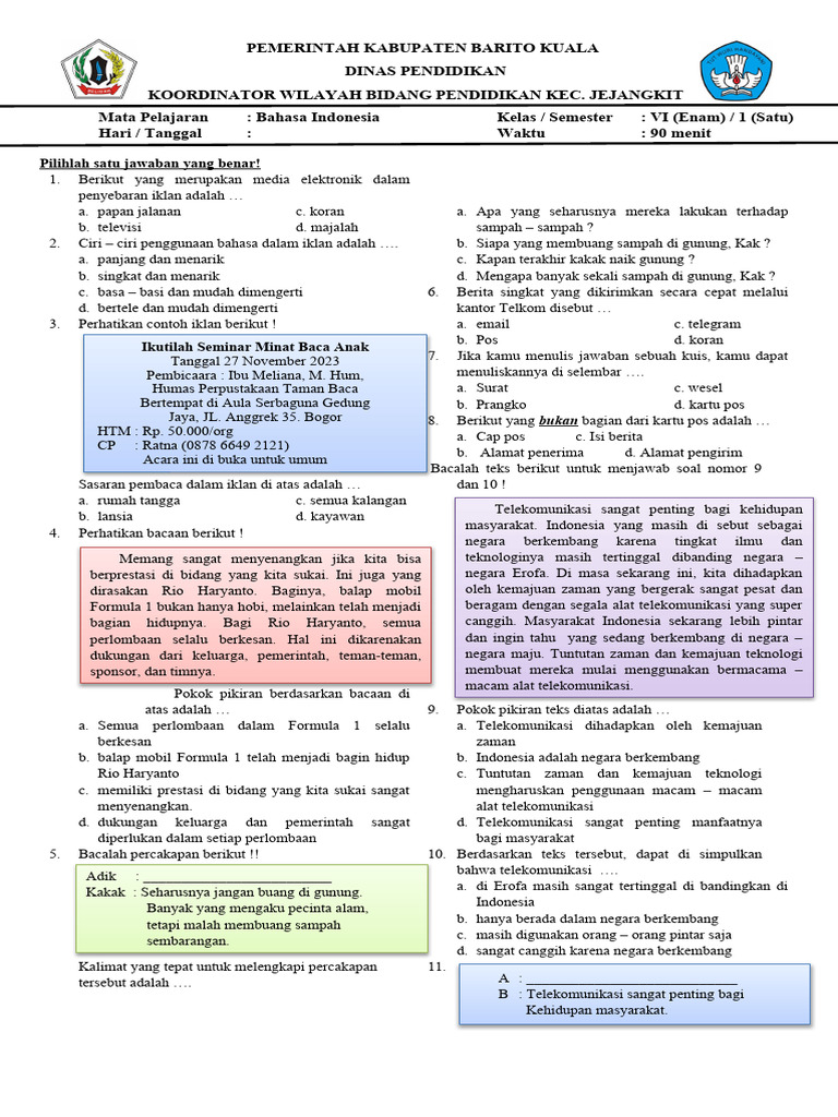 Soal Uas Semester 1 Kelas 6 Mapel Bi | PDF