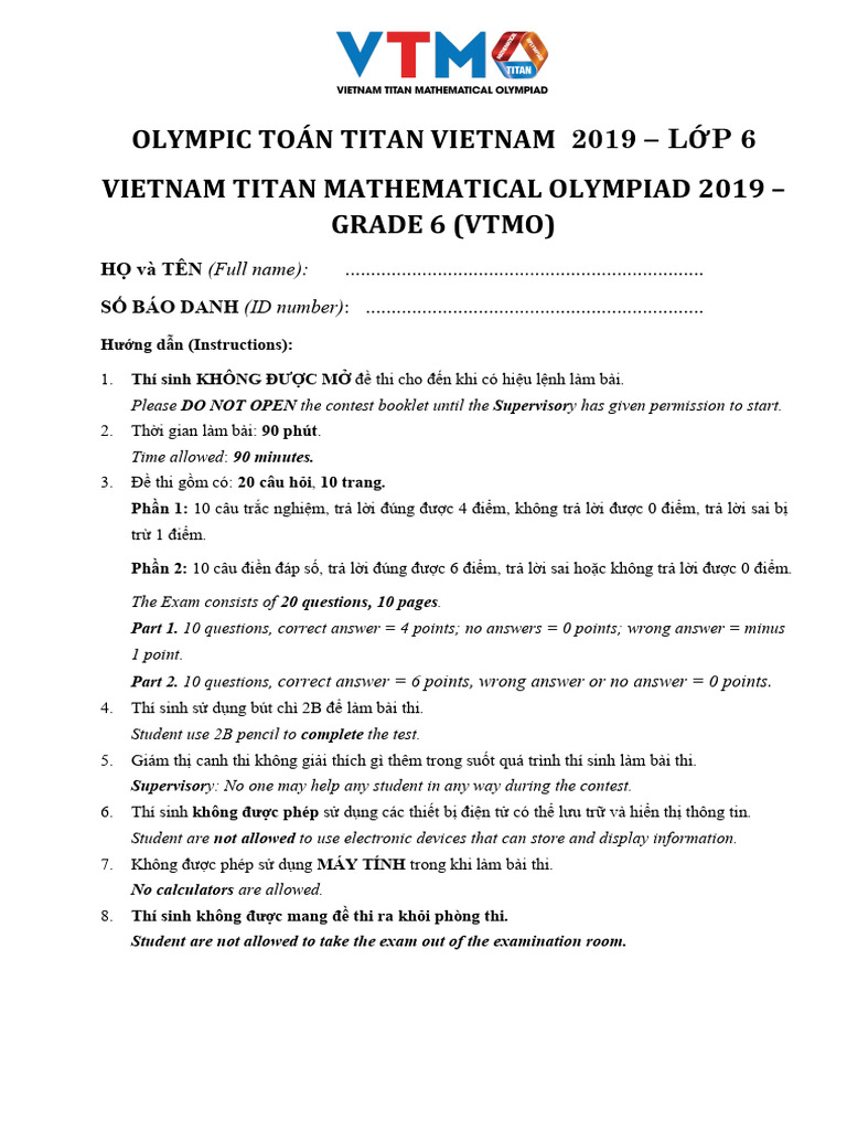 Lop 6 - VTMO - 2019 - Grade6 - Final - DapAn | PDF