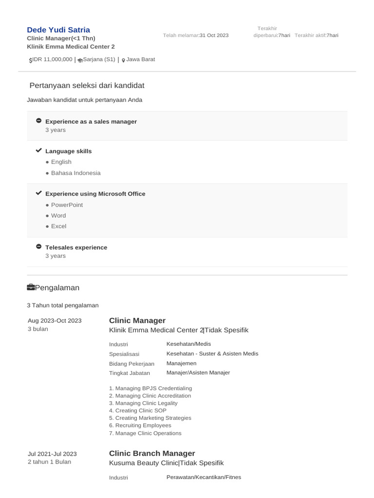 Dede Satria: Clinic Manager Profile | PDF