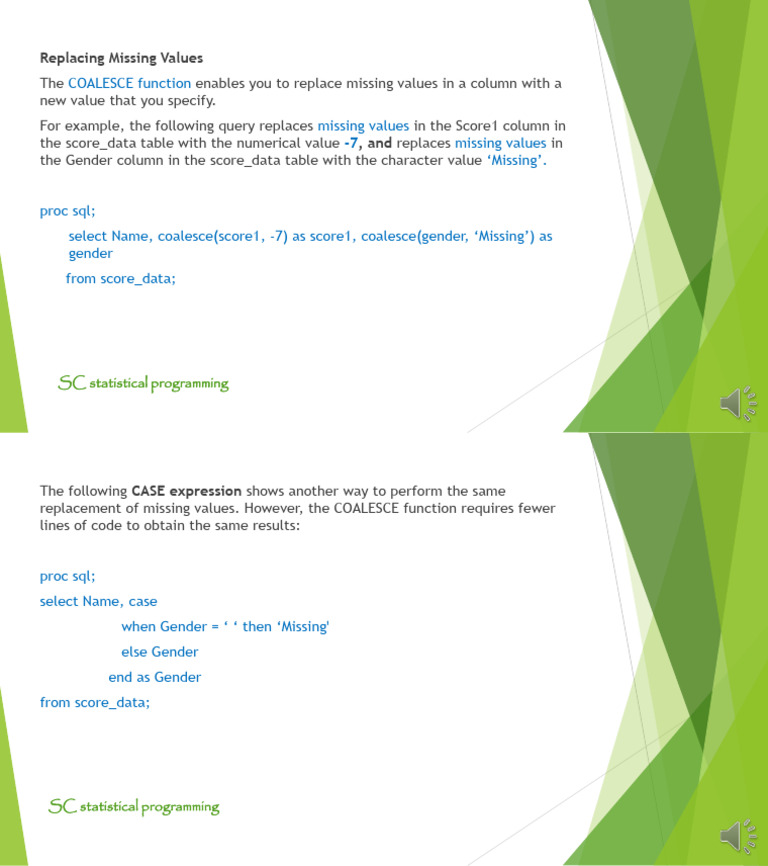 Proc SQL - Replace Missing Values | PDF | Teaching Methods & Materials