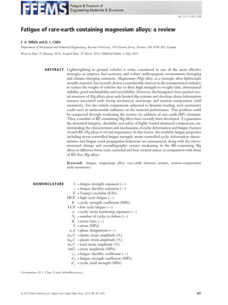 Fatigue Fract Eng Mat Struct - 2014 - Mirza - Fatigue of Rare Earth Containing Magnesium Alloys ...